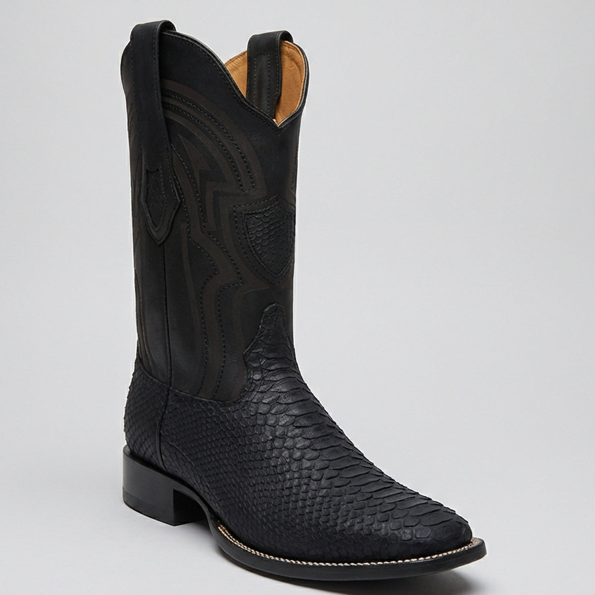 Wild West Men's Black Python Wide Cowboy Boots Square Toe