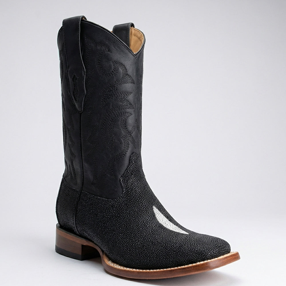 Los Altos Men's Black Stingray Single Stone Cowboy Boots Square Toe