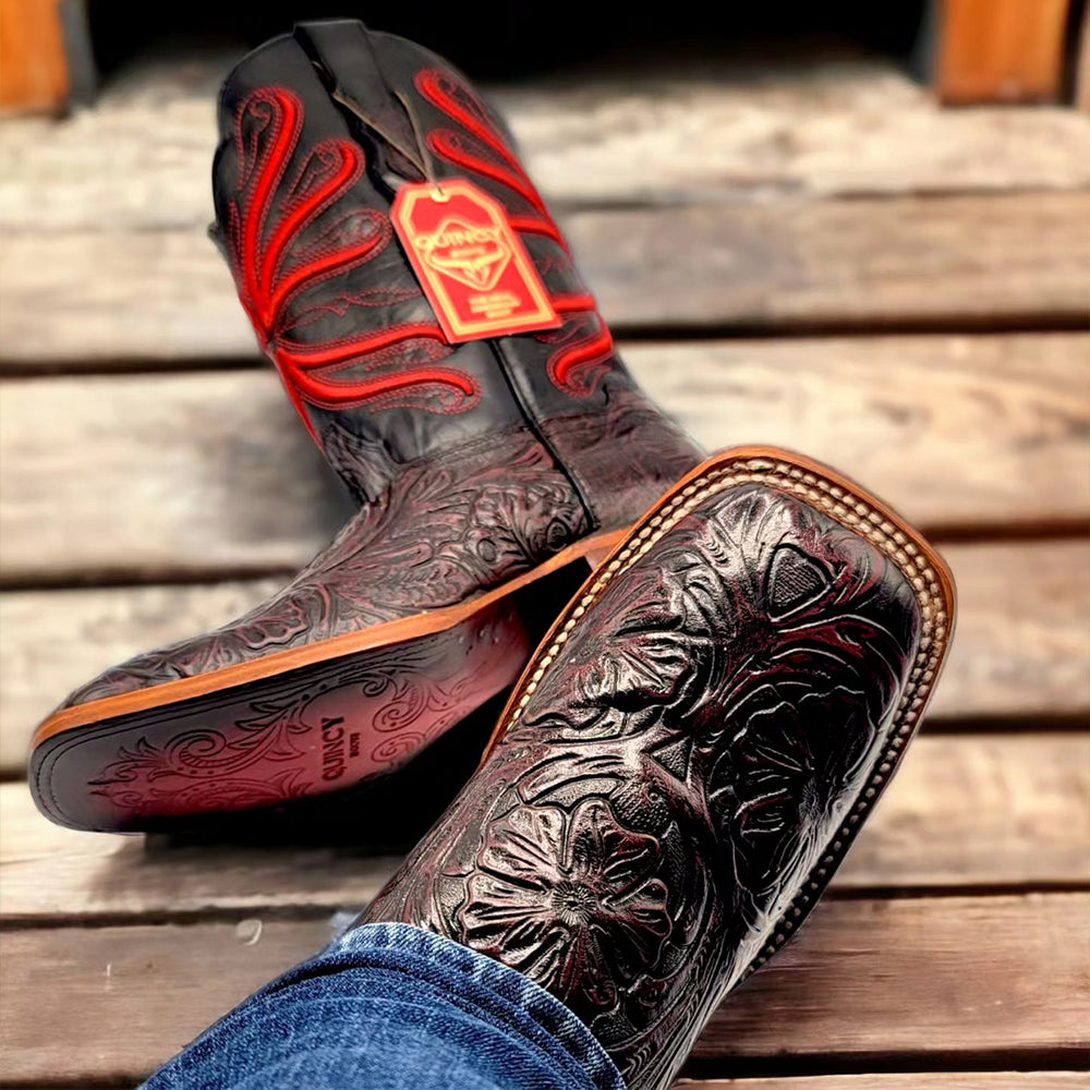 Mens Hand-Tooled Cowboy Boots Square Toe