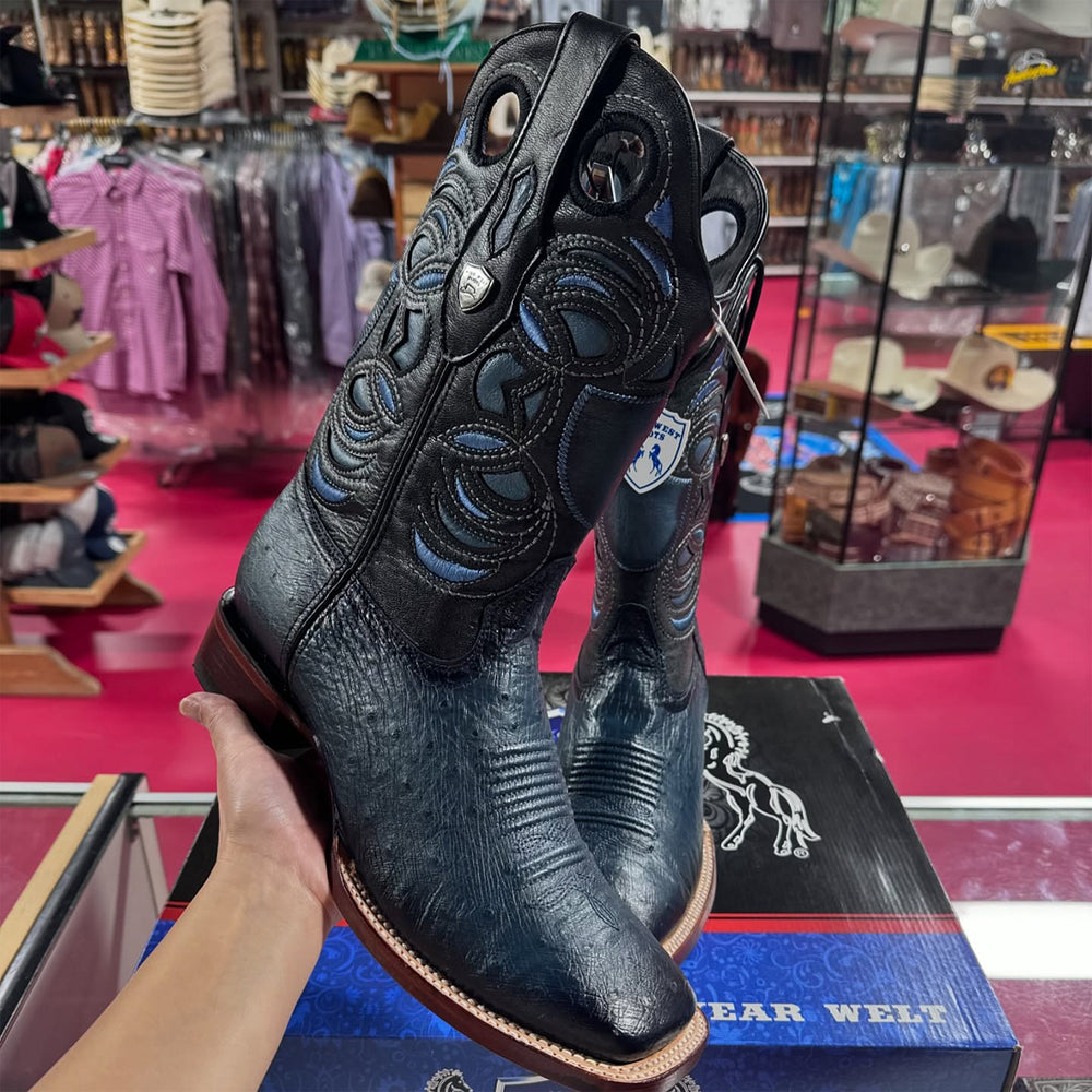Mens Ostrich Belly Blue Cowboy Boot | Wild West Boots