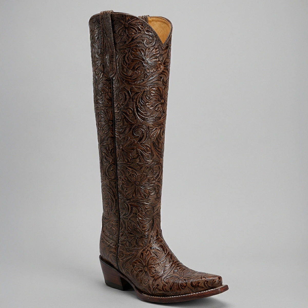 Lirac Women's Brown 17" Tall Tooled Cowgirl Boots Snip Toe